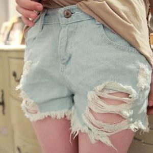 Washed Light Denim Frayed Shorts on Luulla